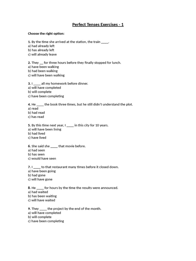Perfect Tenses Exercises for Practice | PDF