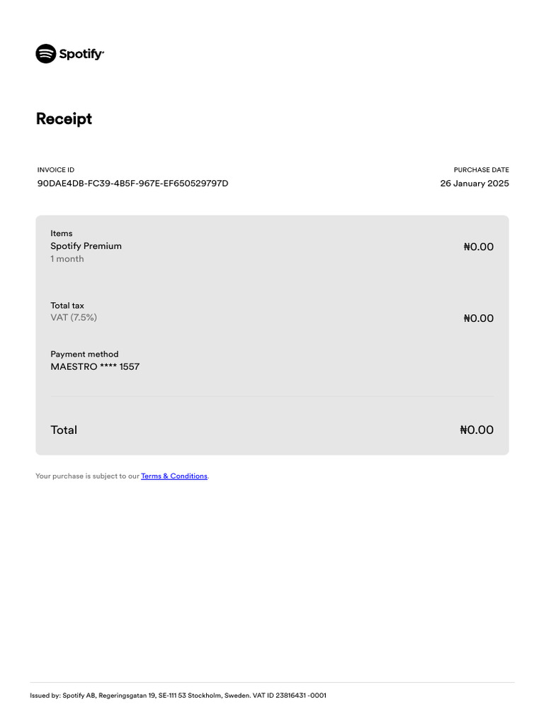 Free Spotify Premium Invoice 2025 | PDF