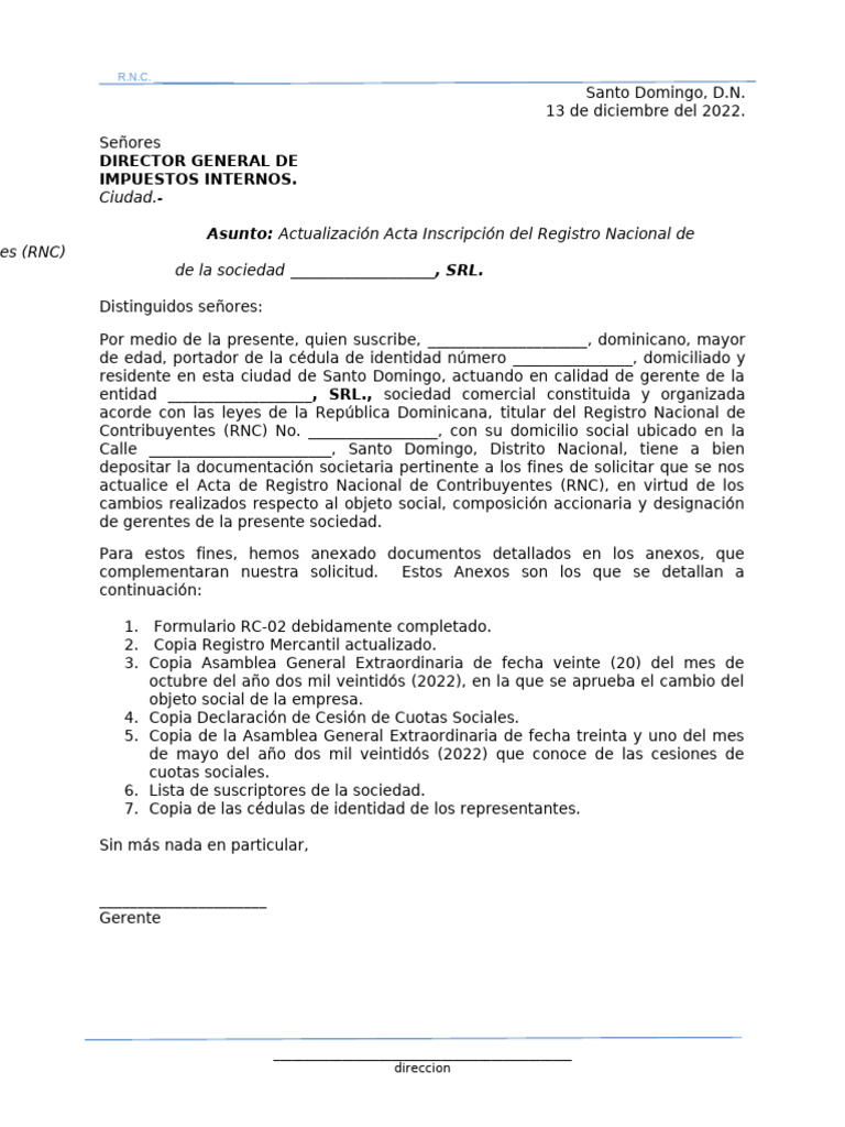 SOLICITUD ACTUALIZACION ACTA RNC DGII | PDF | Sociedad de ...
