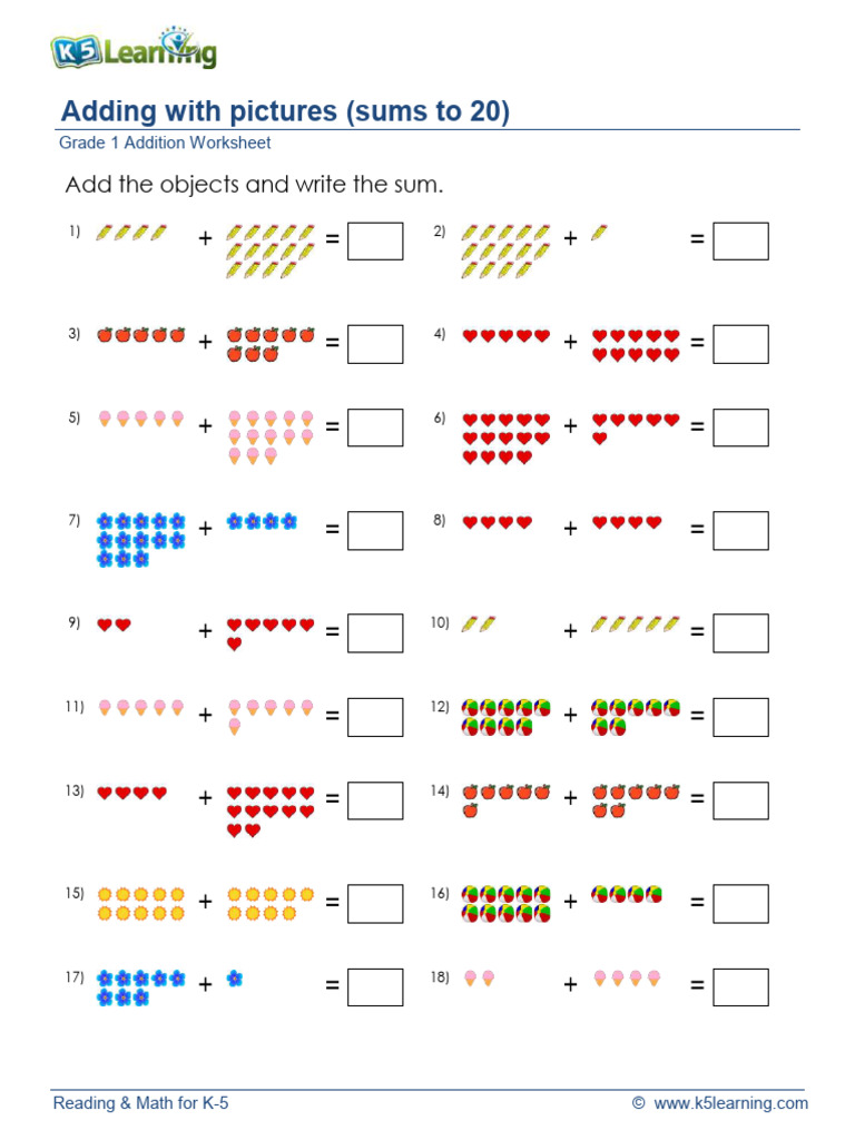 Grade 1 Addition Pictures Sums To 20 3 | PDF
