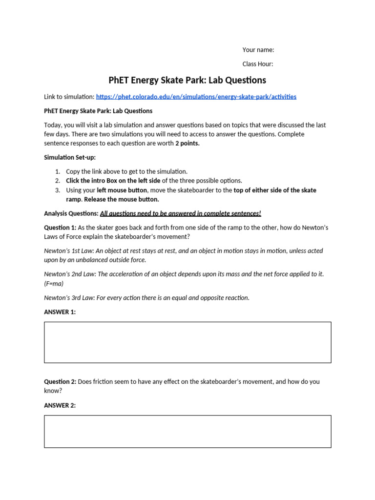 Energy Skate Park Lab Questions | PDF | Force | Newton's Laws Of Motion