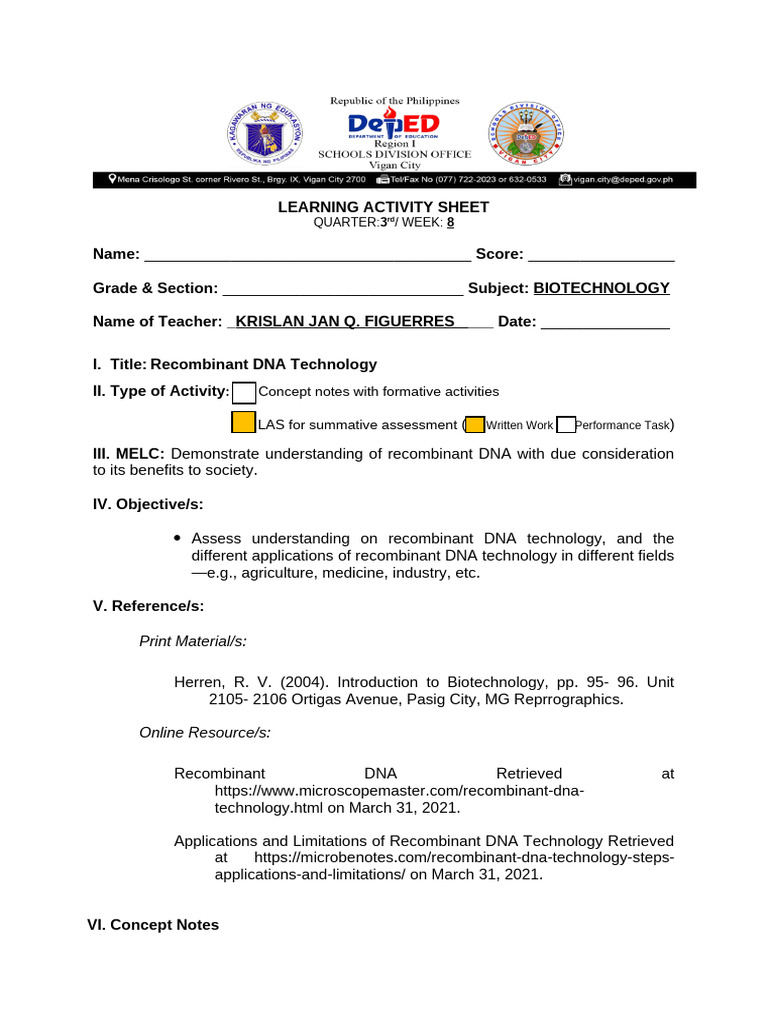 LAS Biotechnology MELC 5-8-Summative | PDF | Recombinant Dna ...