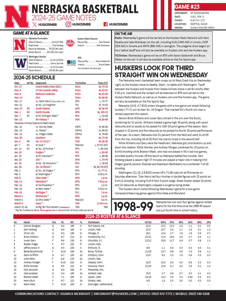 2024-25 MBB Opponent Game Notes Game 22 Nebraska | PDF | Big Ten ...