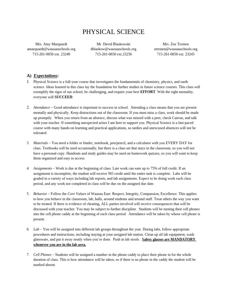 PHYSICAL SCIENCE COURSE DESCRIPTION | PDF | Teachers | Homework
