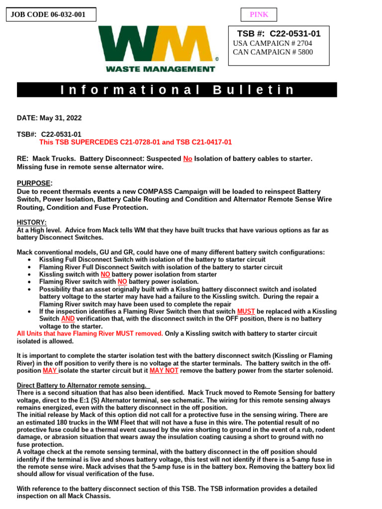C22-0531-01 Mack Trucks Battery Switch Reinspection | PDF | Fuse ...