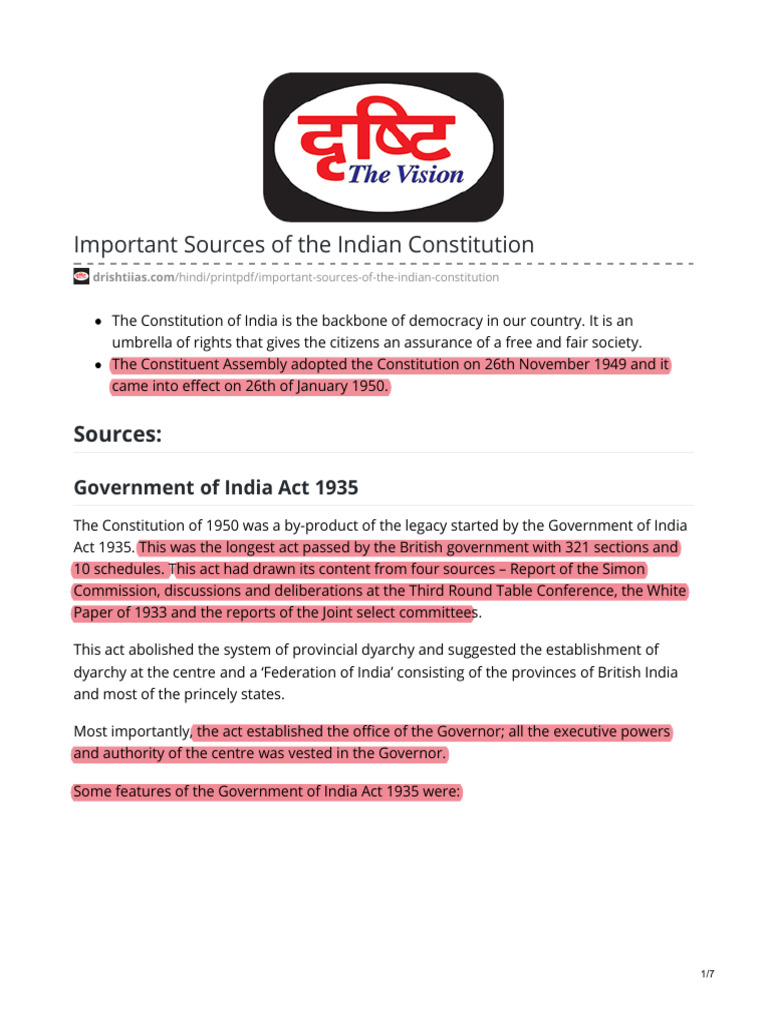 Important Sources of The Indian Constitution | PDF | Writ | Habeas Corpus