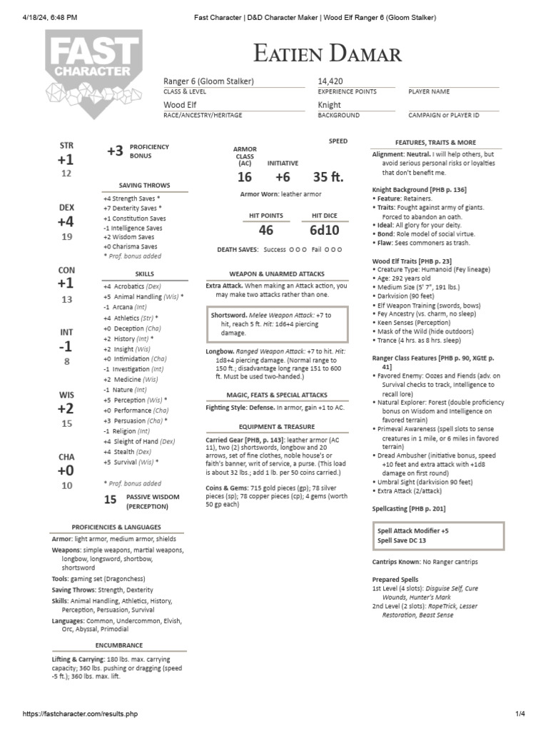 Gloom Stalker Ranger Character Sheet | PDF | Dungeons & Dragons | Role ...
