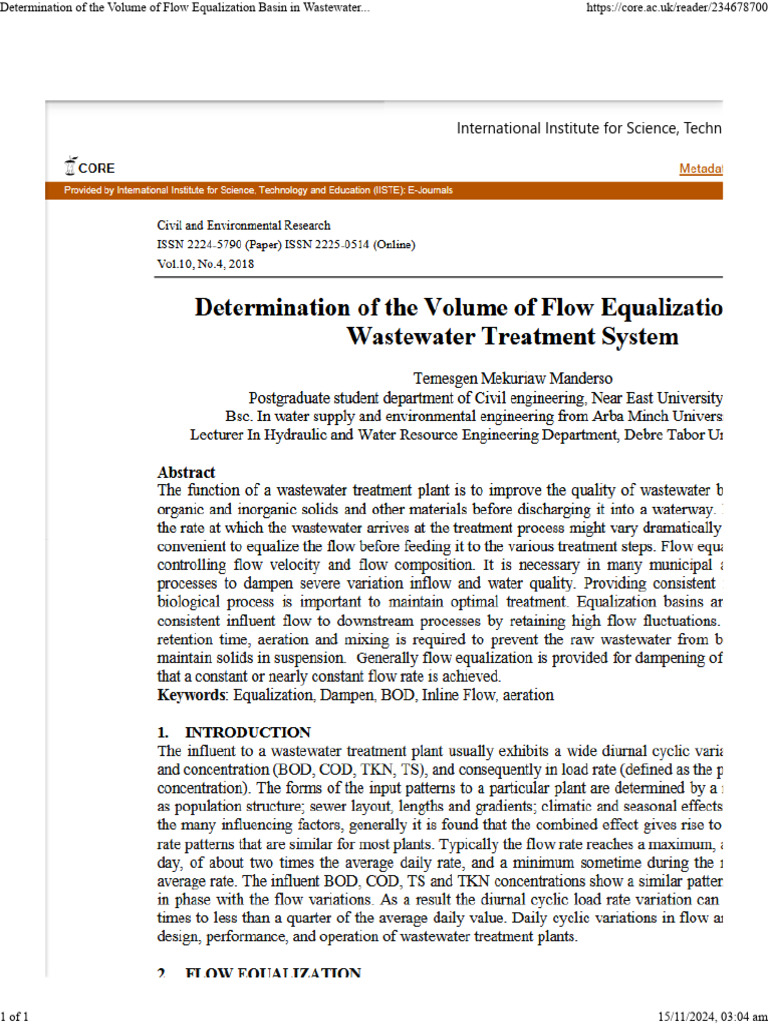 Determination of the Volume of Flow Equalization Basin in Wastewater Treatment System - CORE ...