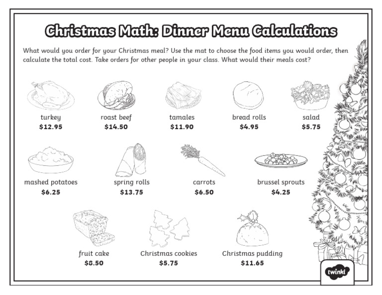 Black and White Christmas Math Dinner Menu Calculations Activity | PDF