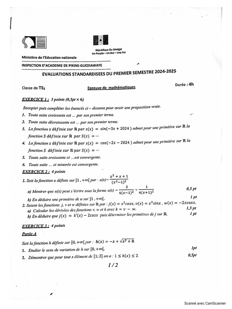 Composition Du Premier Semestre Mathématiques Pdf