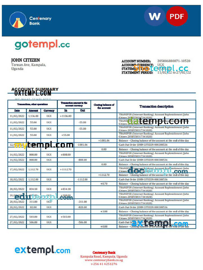 Doctempl - Uganda Centenary Bank Statement Template in Word and PDF Format | PDF