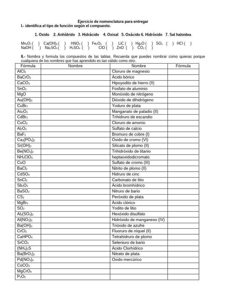 Ejercicio de Nomenclatura Química | PDF | Química | Moléculas