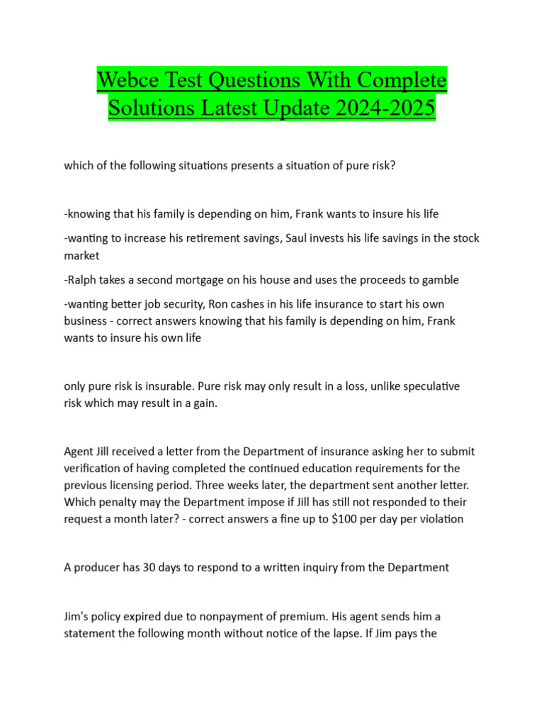 Webce Insurance Test Questions 2024-2025 | PDF | Life Insurance | Insurance