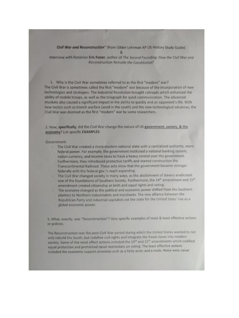 Reconstruction Questions | PDF