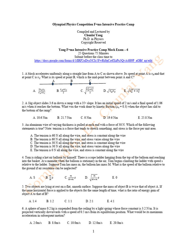 Yang F=ma Intensive Practice Camp Mock-6 | PDF | Force | Physical Quantities