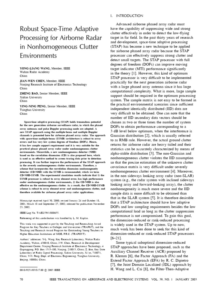 Robust Space-Time Adaptive Processing For Airborne Radar in Nonhomogeneous Clutter Environments ...