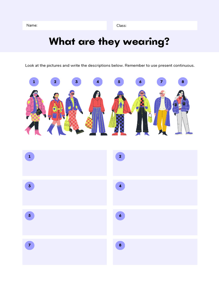 Colorful Illustrative Present Continuous and Clothes Worksheet | PDF