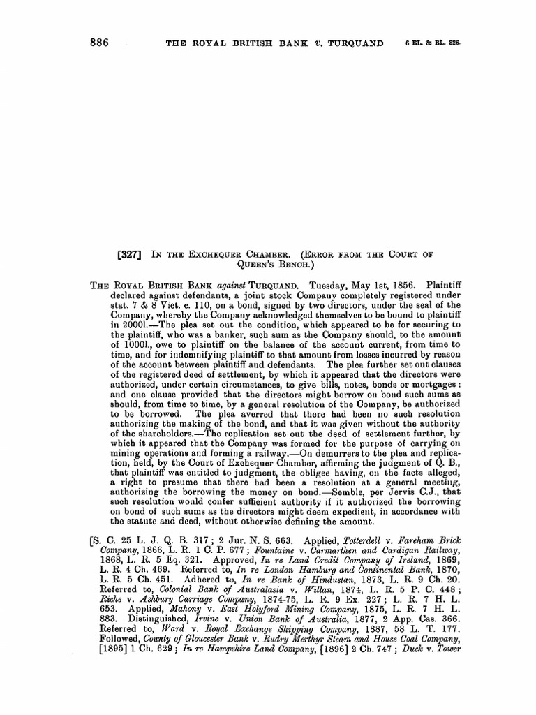 Royal British Bank v. Turquand Summary | PDF | Demurrer | Common Law
