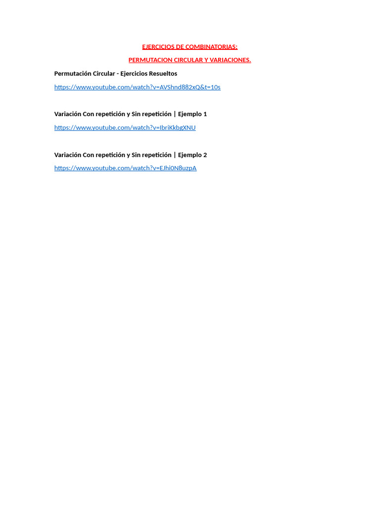 Ejercicios de Combinatorias Links de Videos de Referencias | PDF