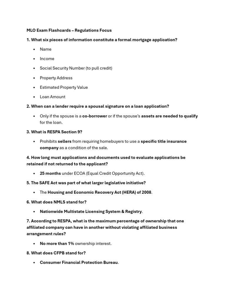 MLO Exam Flashcards – Regulations Focus | PDF
