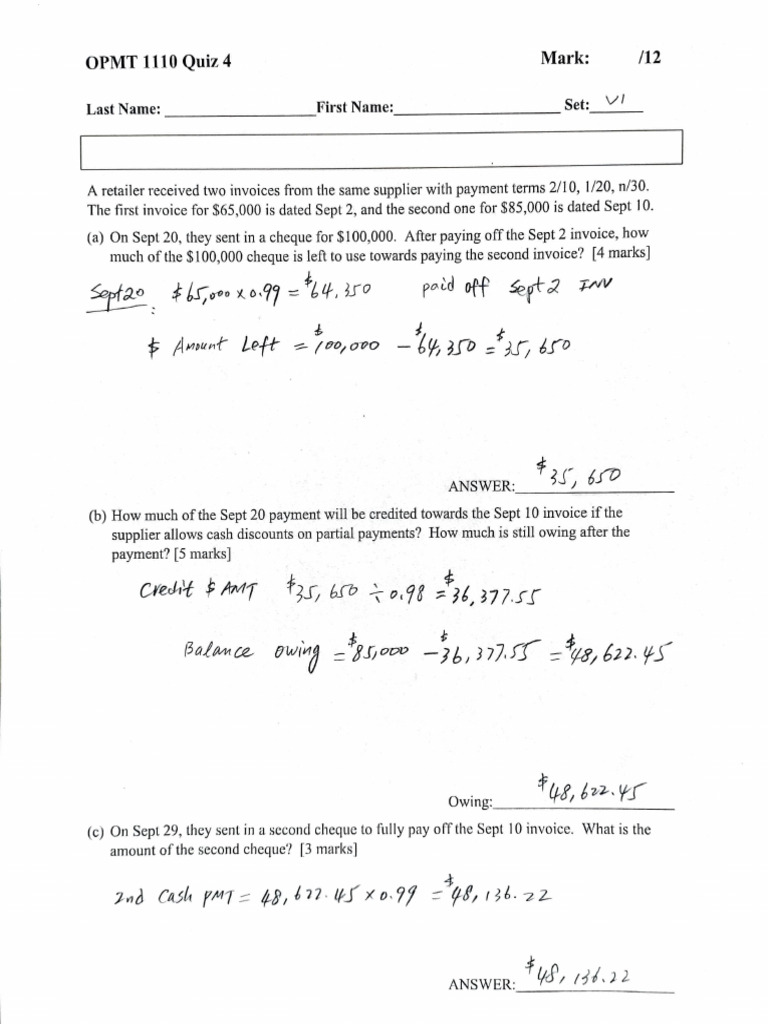 OPMT 1110 Quiz 4 Invoice Payment Analysis | PDF