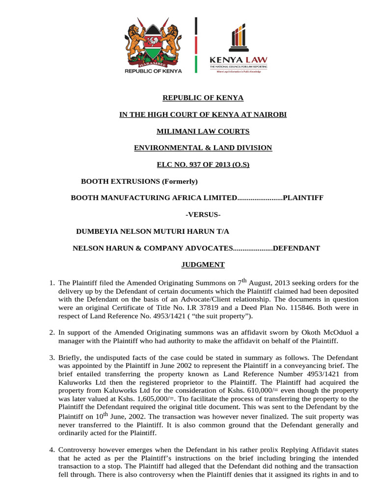 Booth Extrusions (Formerly) Booth Manufacturing Africa Limited V Dumbeyia Nelson Muturi Harun T ...