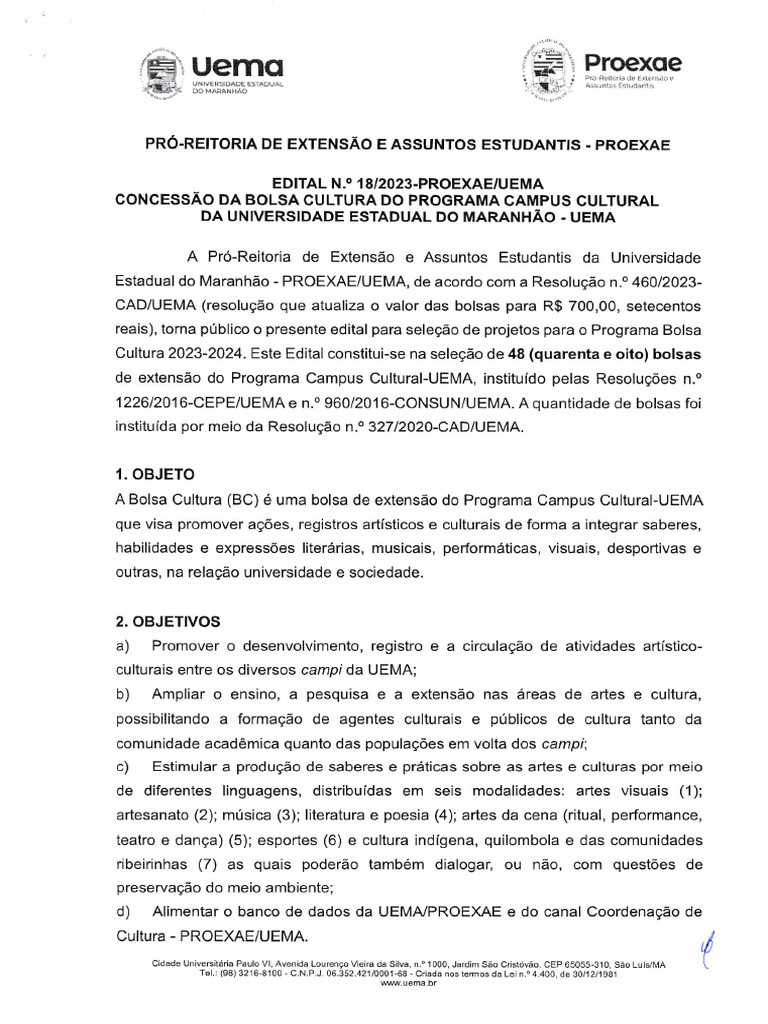 Edital N.º 18 2023 PROEXAE UEMA Bolsa Cultura 20231 | PDF