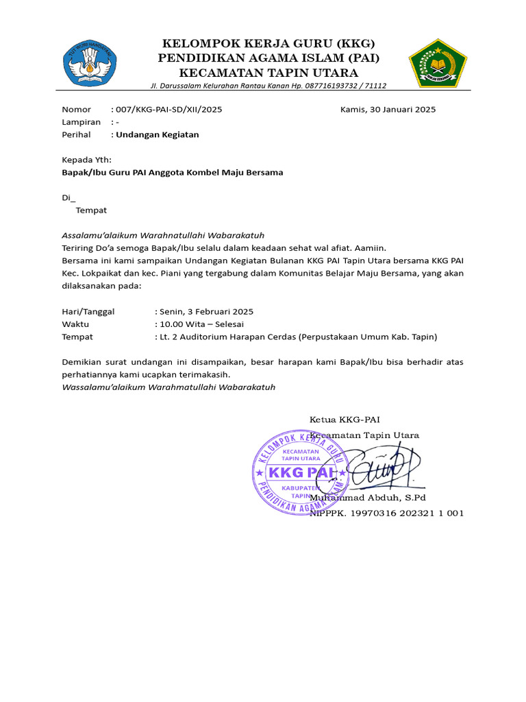 Undangan KKG PAI Februari | PDF