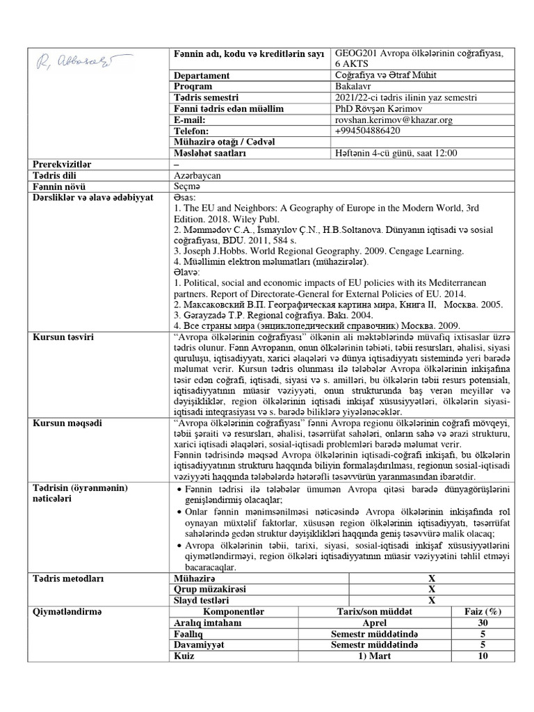 Rovshan Karimov-Avropa Olkelerinin Cografiyasi | PDF