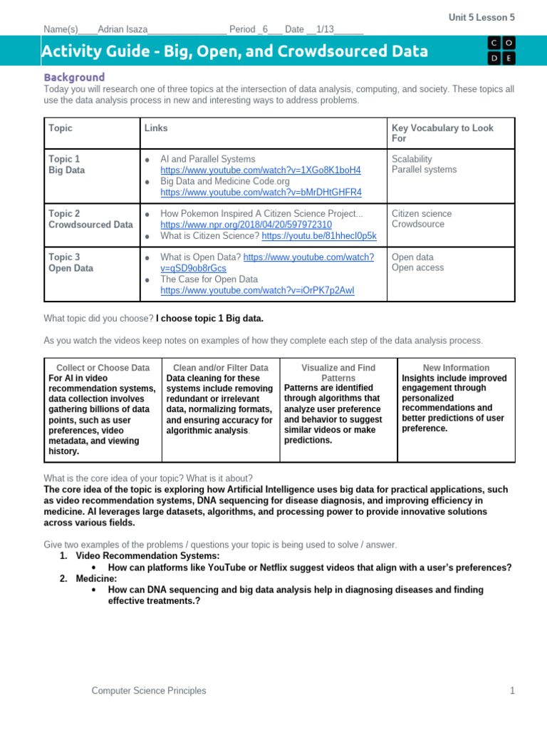 Activity Guide - Big, Open, and Crowdsourced Data - Unit 5 Lesson 5 | PDF | Data | Artificial ...