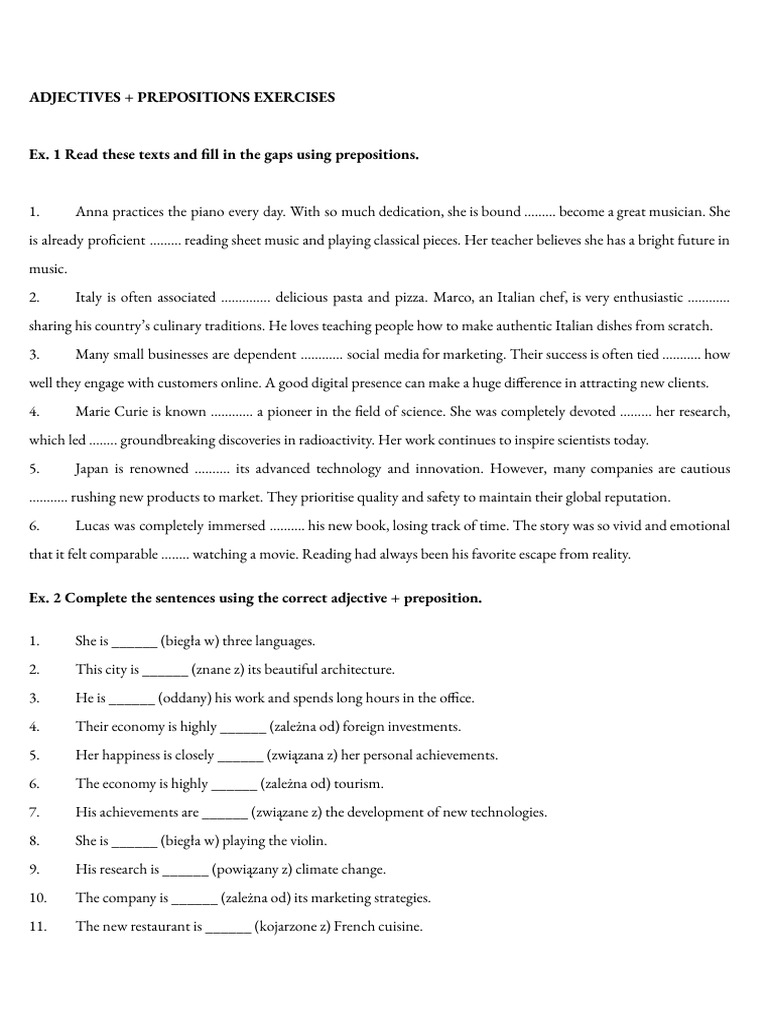 Adjectives + Prepositions Exercises | PDF