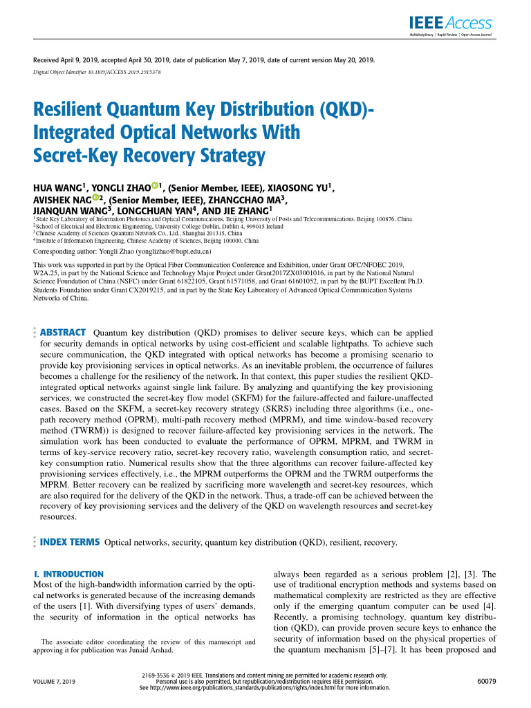 Resilient Quantum Key Distribution QKD-Integrated Optical Networks With Secret-Key Recovery ...