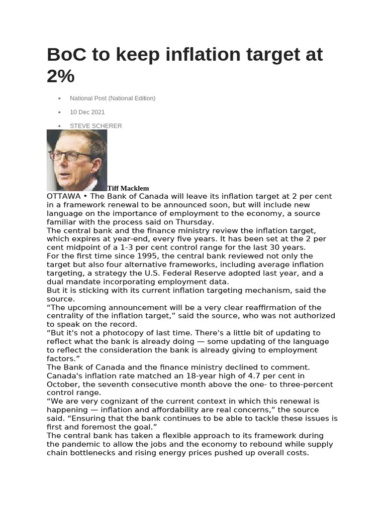 BoC To Keep Inflation Target at 2-1 | PDF | Inflation | Bank Of Canada