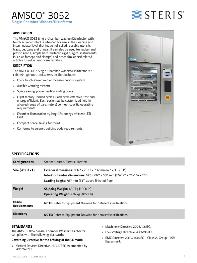 Steris AMSCO 3052 Spec Sheet | PDF | Washing Machine | Pump
