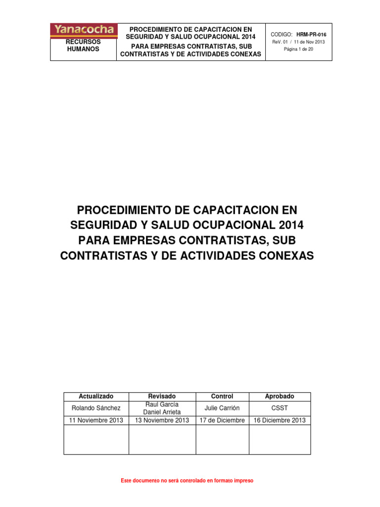 4 - HRM-PR-016 Procedimiento de Cap. SSO Constratista 2014 | PDF | Seguridad y salud ocupacional ...