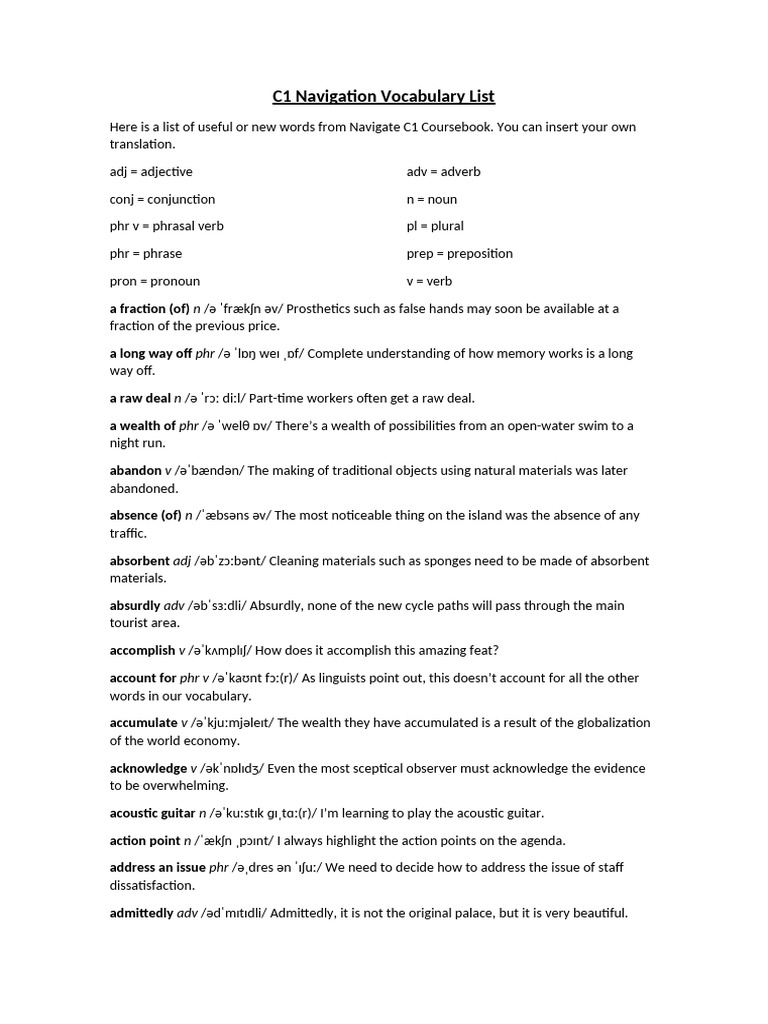 C1 Navigation Vocabulary List | PDF | Verb
