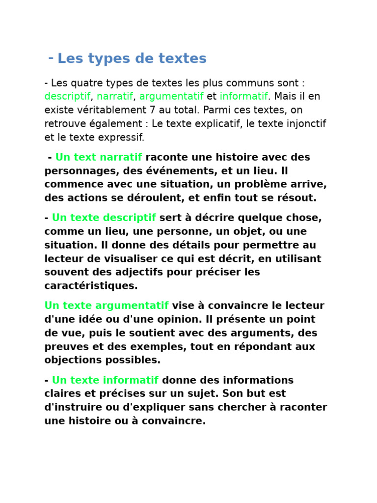 Types de textes : descriptif, narratif, argumentatif | PDF