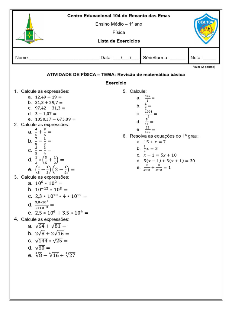Lista Mat. Básica 1 Ano e 3 Ano | PDF | Matemática