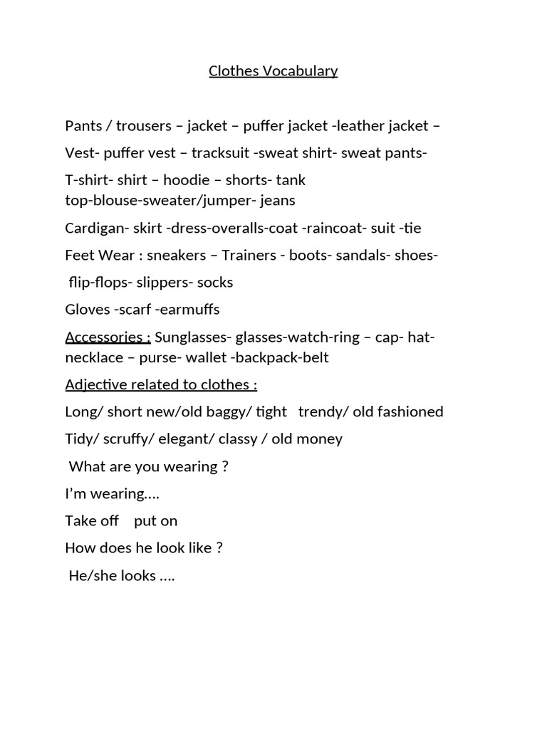 Clothing Vocabulary for Learners | PDF