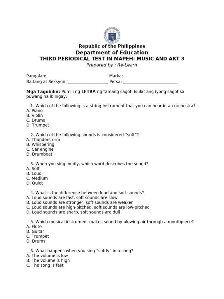 MAPEH Music and Art Test for Grade 3 | PDF | Drawing | Paper