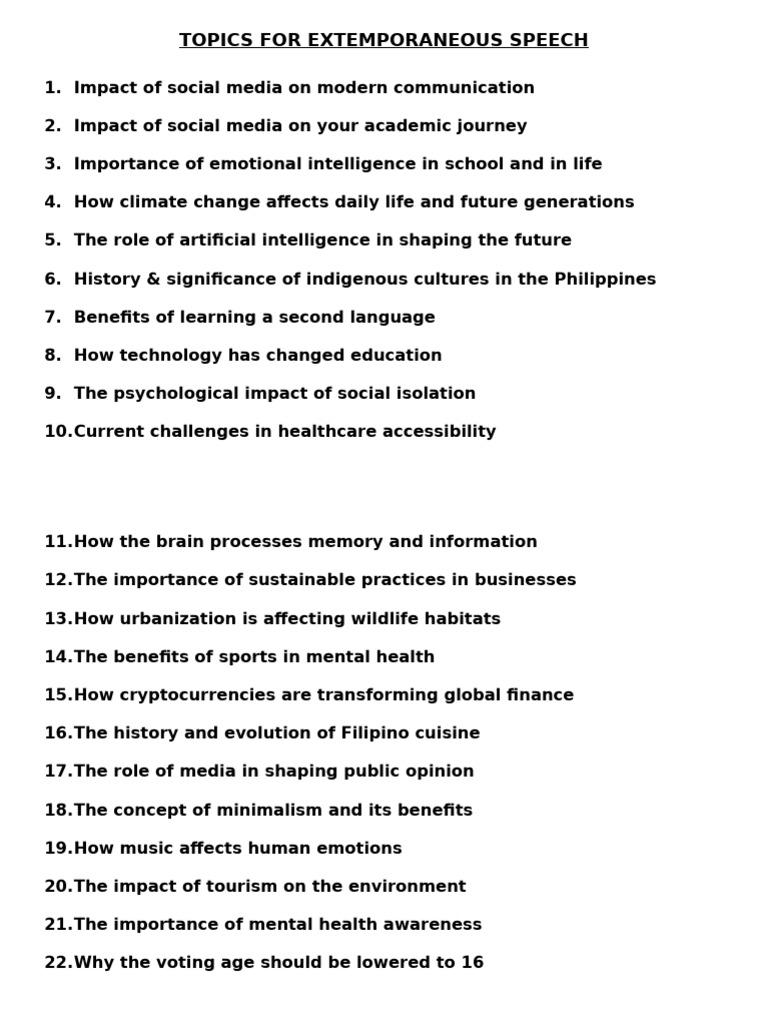 Topics For Extemporaneous Speech | PDF | Adolescence | Mental Health
