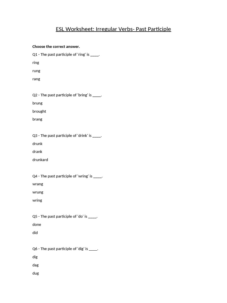 ESL Worksheet Irregular Verbs - Past Participle | PDF | Syntax | Grammar