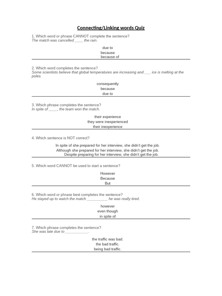 Connecting Linking Words Quiz | PDF | Semantic Units | Linguistics