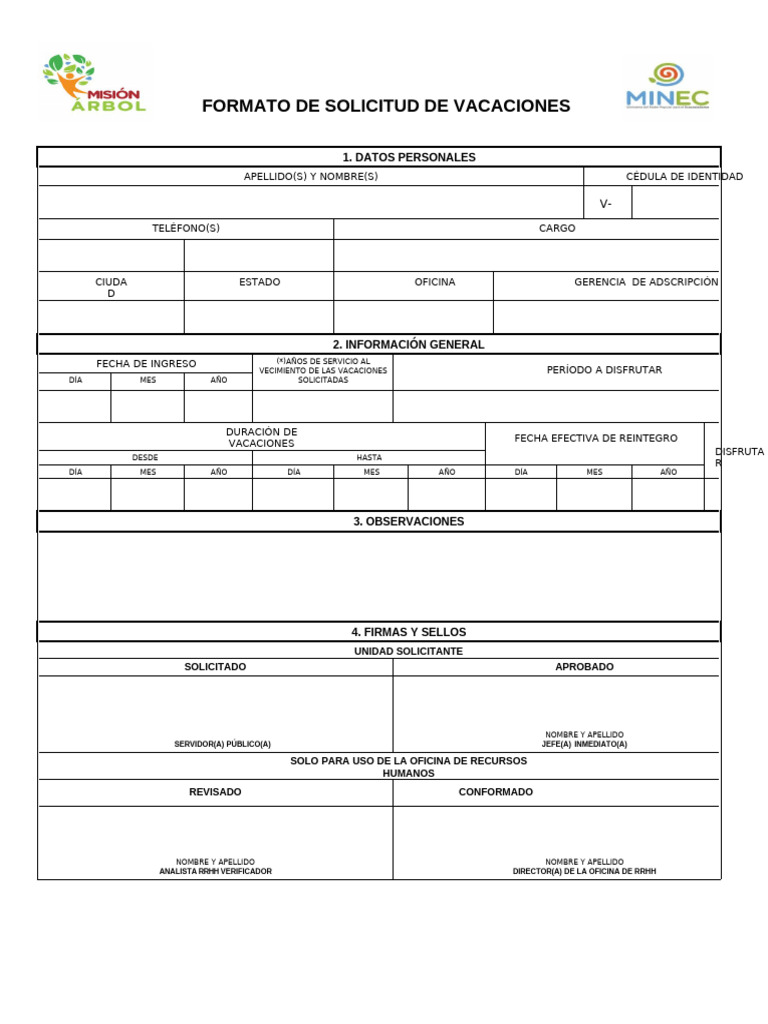 Formato Solicitud de Vacaciones RRHH | PDF