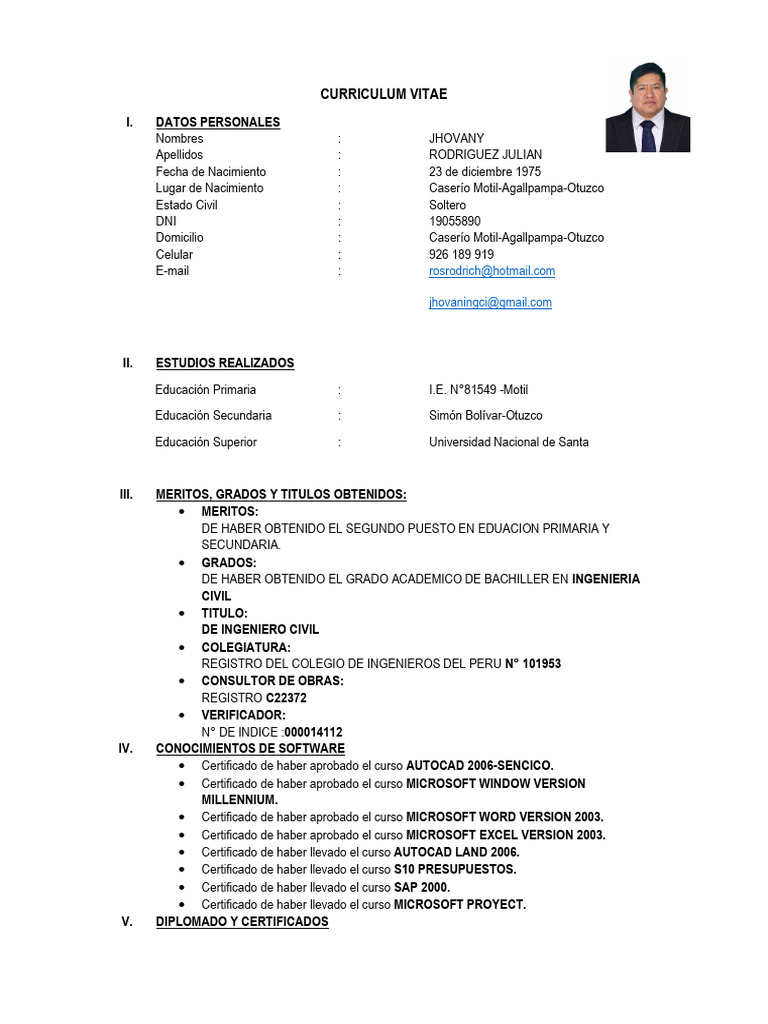 CV Jhovany RJ 2023 | PDF | Ingeniero civil | Ingeniería