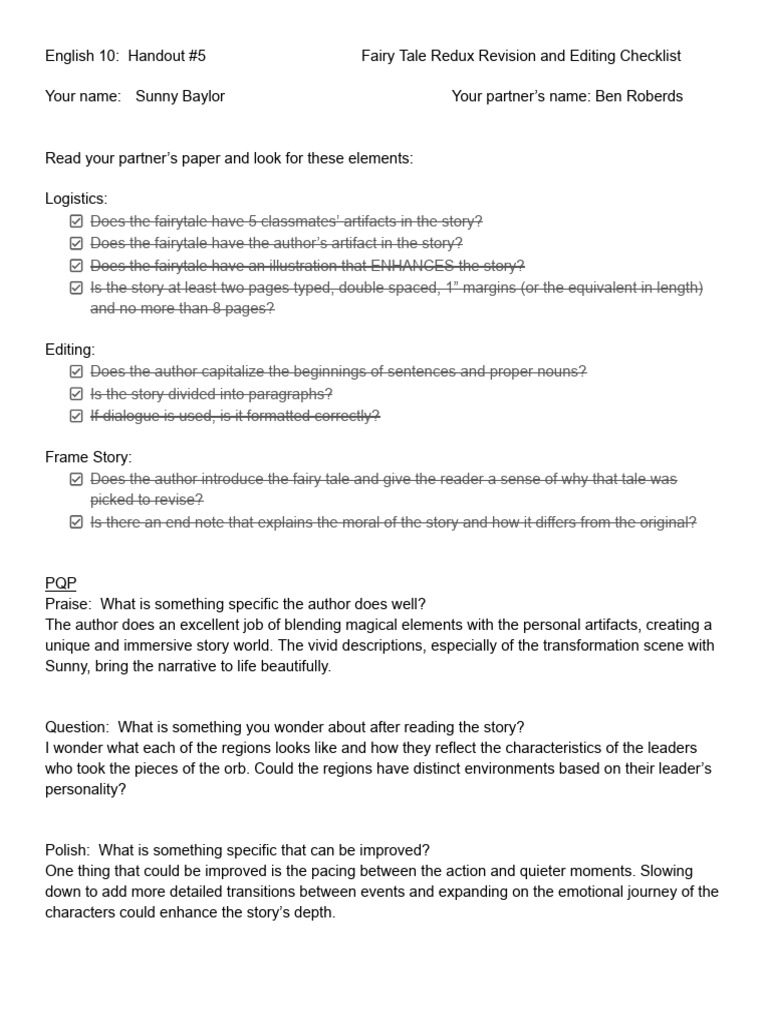 Copy of 5 Revision and Editing Checklist (1) | PDF | Fairy Tales