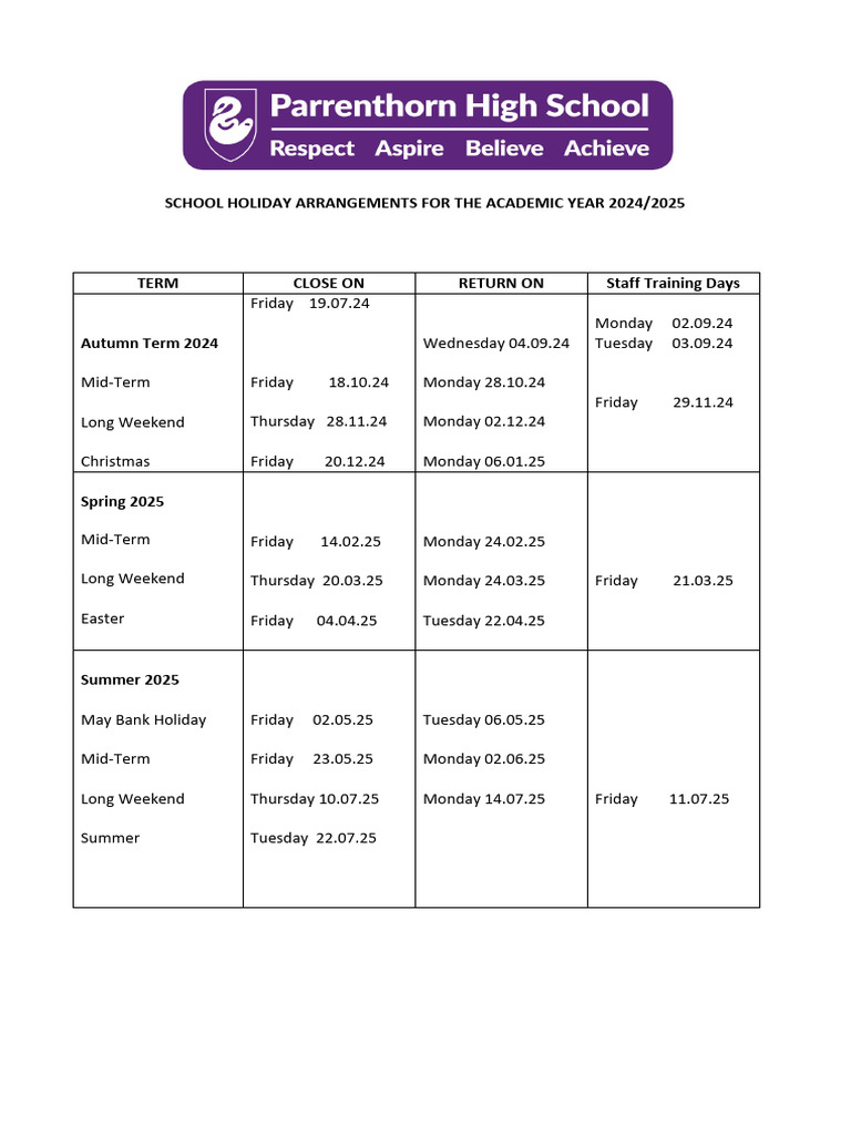 Parrenthorn High School Term Dates 2024/25 | PDF