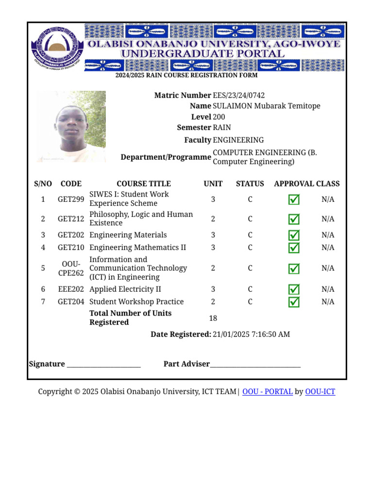 Matric Number Name Level Semester Faculty Department/Programme | PDF