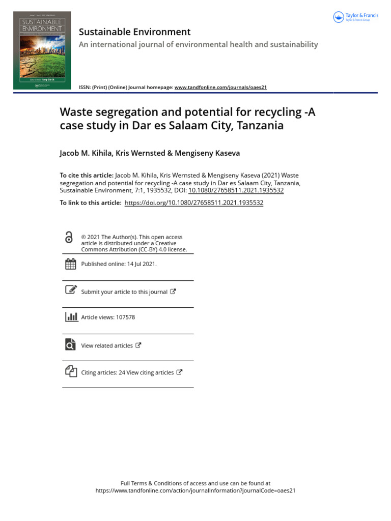 Waste Segregation and Potential For Recycling - A Case Study in Dar Es ...