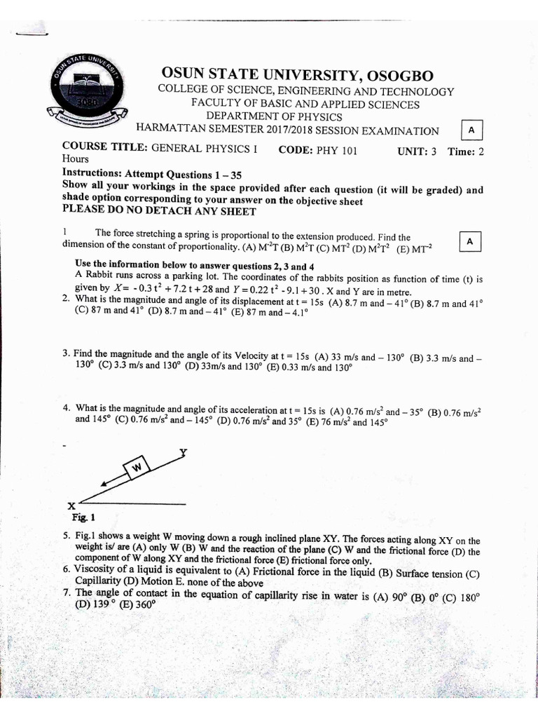 PHY101 2017 - 2018 Exam Questions 4 100lvl | PDF